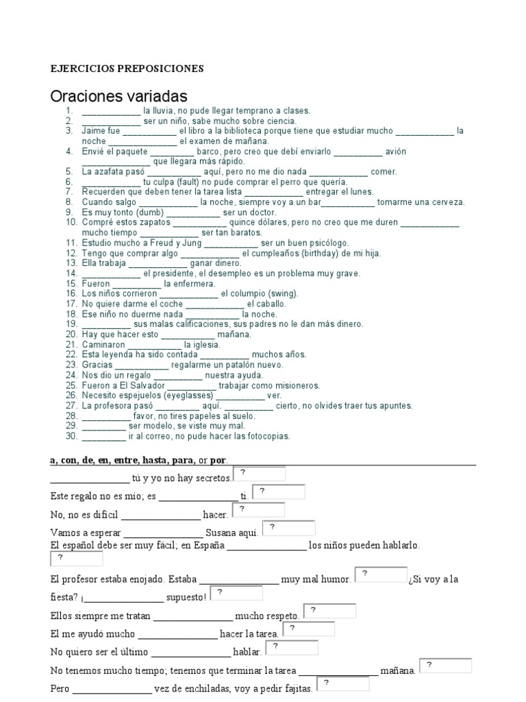 Ejercicios Preposiciones | PDF
