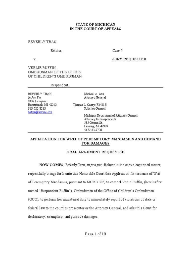 Michigan Peremptory Mandamus Petition | PDF | Mandamus | Writ