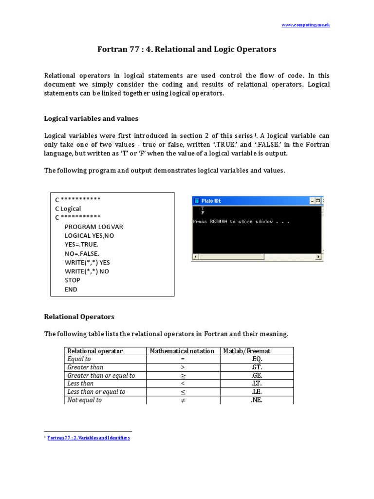 Fortran 77 Relational and Logic Operators | Download Free PDF | C (Programming Language) | Areas ...