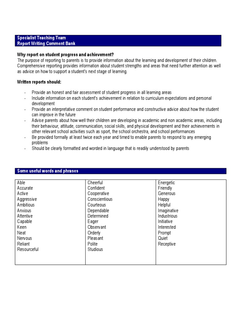 Specialist Teaching Team Report Writing Comment Bank Why Report | PDF ...