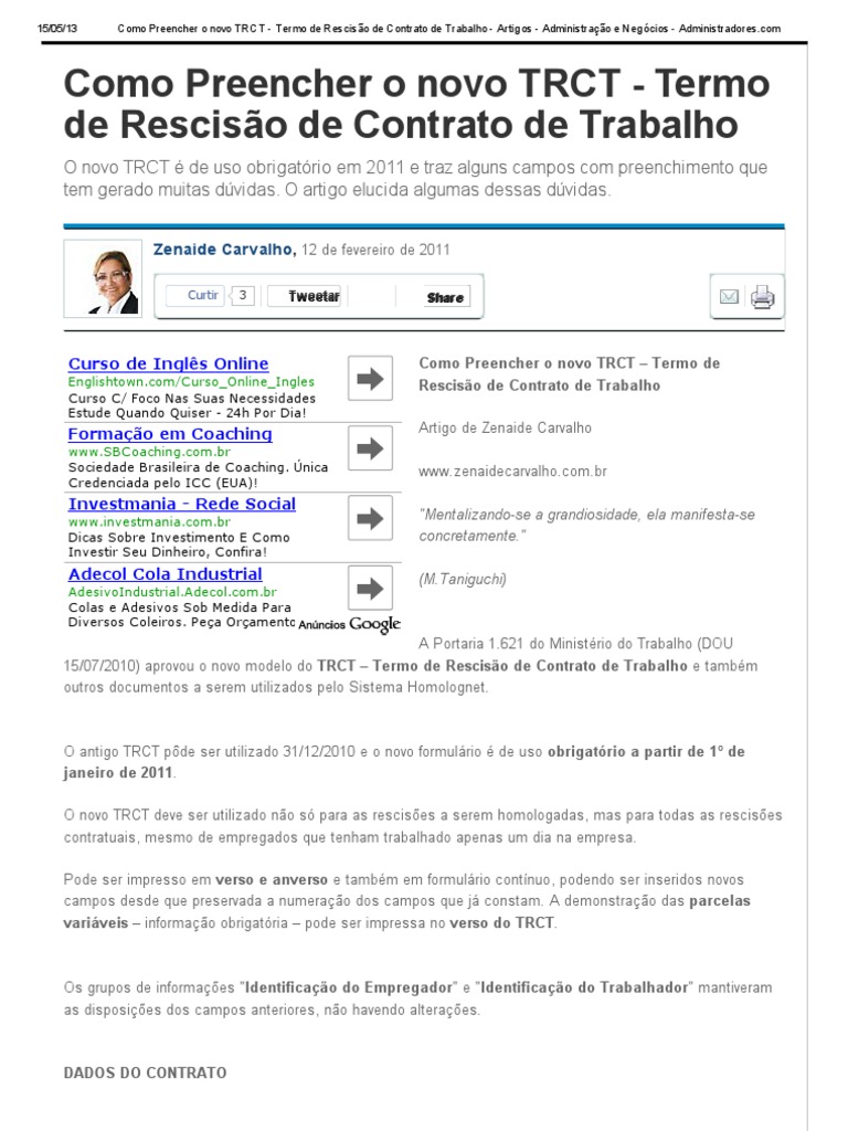 Como Preencher o novo TRCT - Termo de Rescisão de Contrato de Trabalho ...