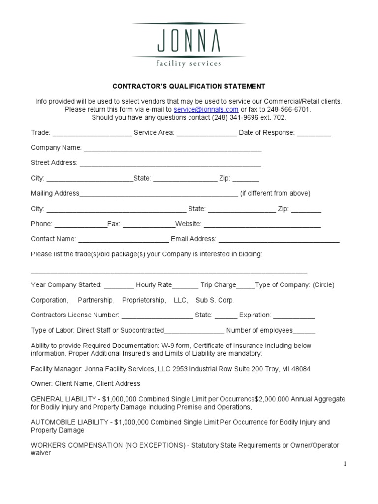 Contractor Qualification Form for Vendors | PDF | Career & Growth ...