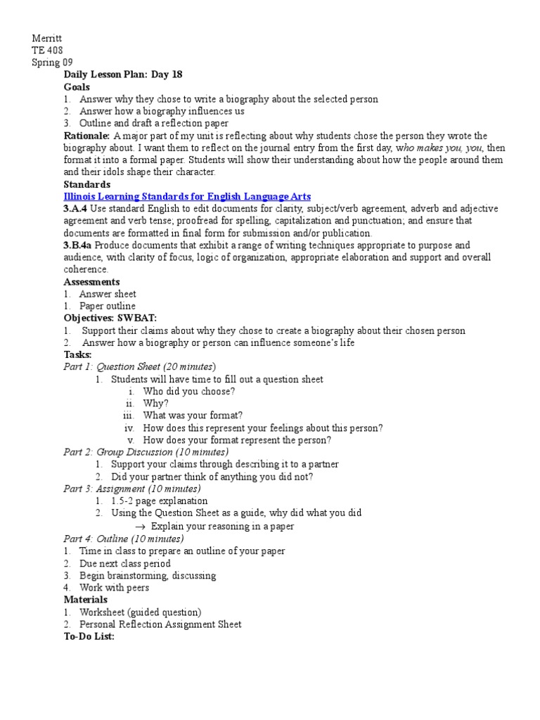 Biography Reflection Lesson Plan | PDF