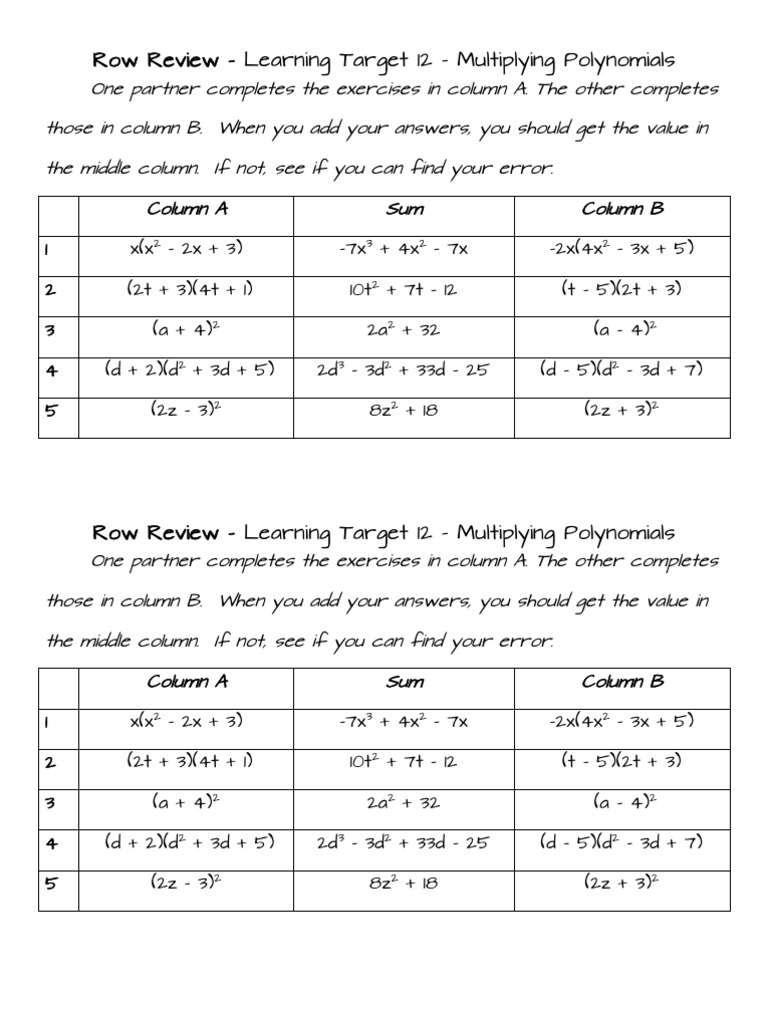 Row Game - Multiplying Polynomials and Monomials | PDF | Applied ...