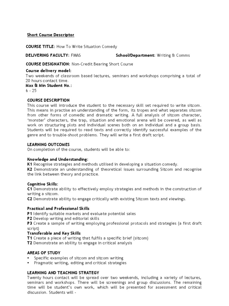 Sitcom Writing Short Course | PDF | Lecture | Theory