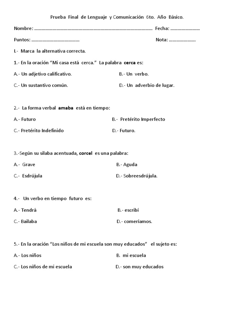 Prueba Final de Lenguaje y Comunicación 6to. Año Básico | PDF | Adjetivo | Verbo