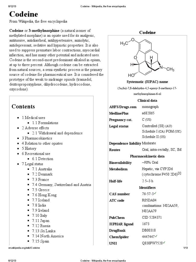 Codeine - Wikipedia, The Free Encyclopedia | PDF | Morphine | Over The ...