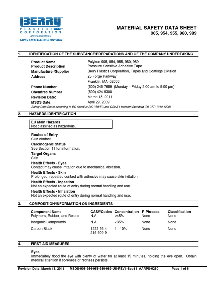 MSDS Polyken 955 | PDF | Toxicity | Personal Protective Equipment