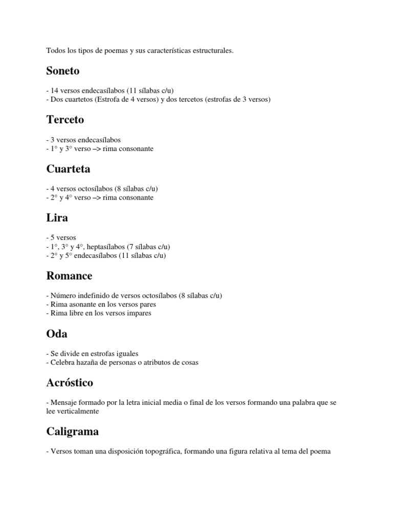 Todos Los Tipos de Poemas y Sus Características Estructurales | PDF ...