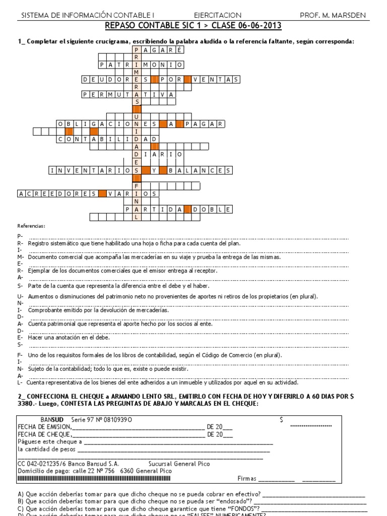 Ejerc Sic I Clase 06-06-2013 | PDF | Cheque | Contabilidad