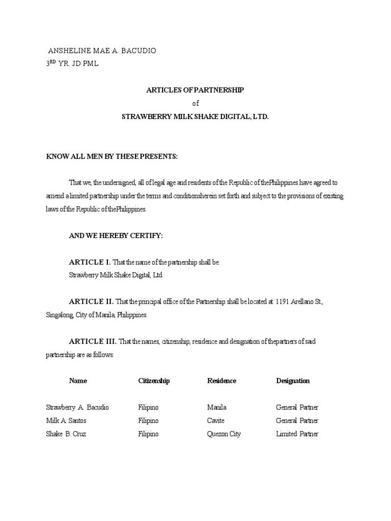 Articles of Partnership | PDF | Partnership | Limited Partnership