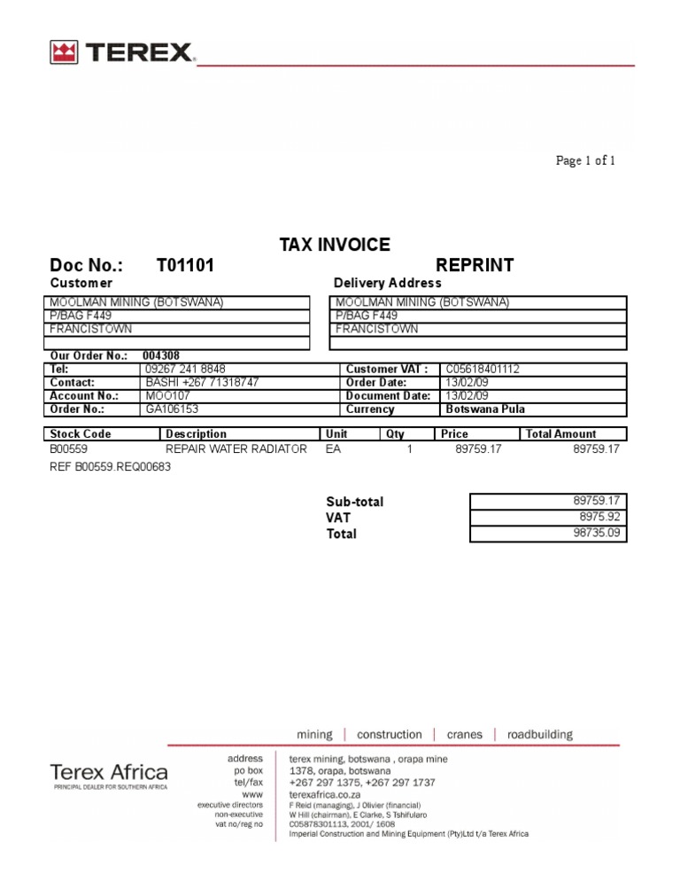 Tax Invoice for Moolman Mining Botswana | PDF | Finance & Money Management