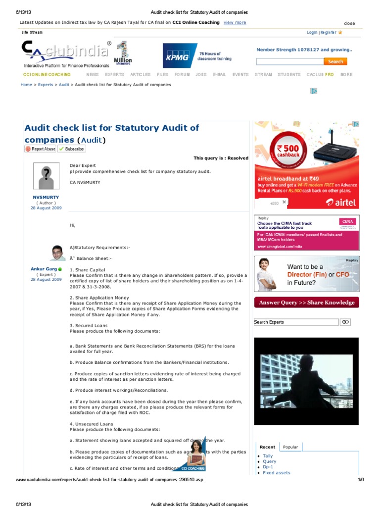 Statutory Audit Checklist | PDF | Expense | Investing