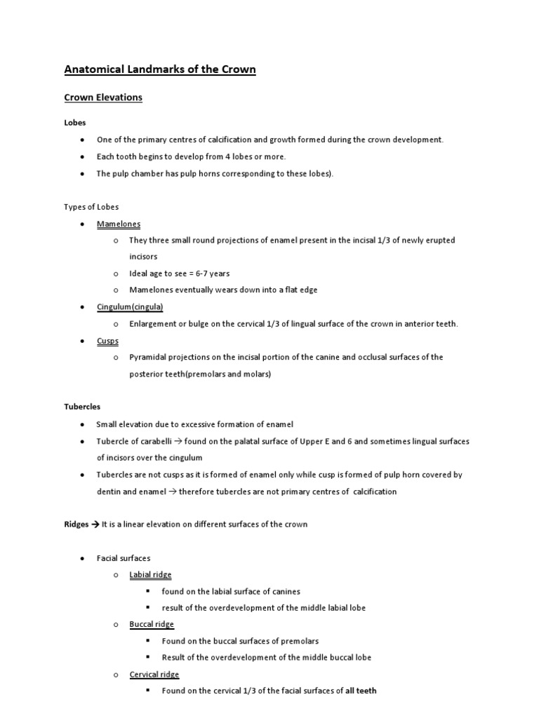 Anatomical Landmarks of The Crown | PDF | Mouth | Dentistry Branches