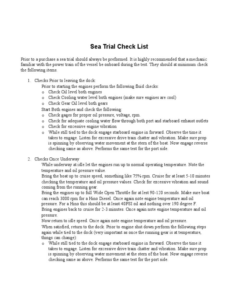Sea Trial Check List