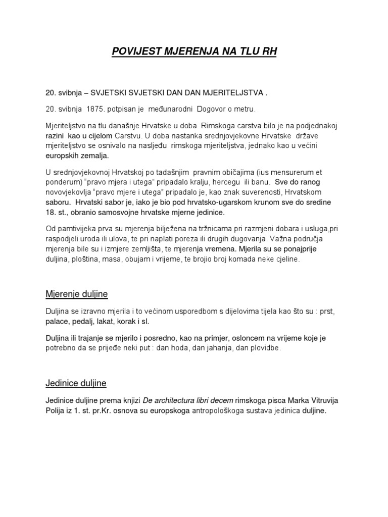 Elaborat o Mjernim Jedinicama, Normama I Povijesti Mjerenja U Hrvatskoj | PDF