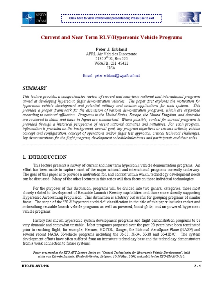 Current and Near-Term RLV-Hypersonic Vehicle Programs PDF | PDF ...