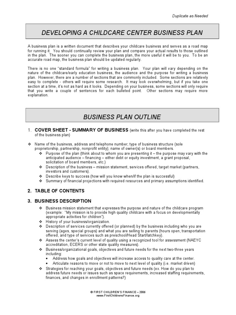 Developing A Childcare Center Business Plan: 1. Cover Sheet - Summary ...