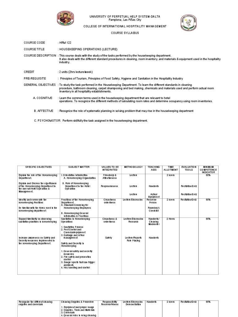 Housekeeping Operations Course Syllabus | PDF | Housekeeping | Laboratories