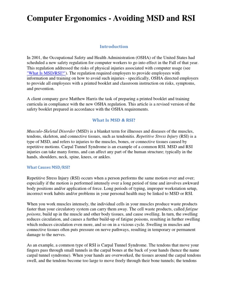 Computer Ergonomics - Avoiding MSD and RSI | PDF | Chair | Computing And Information Technology