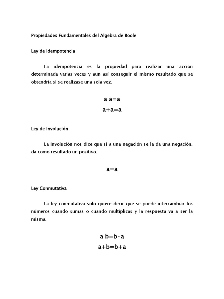 Propiedades Fundamentales Del Algebra de Boole | PDF | Multiplicación | Puerta lógica