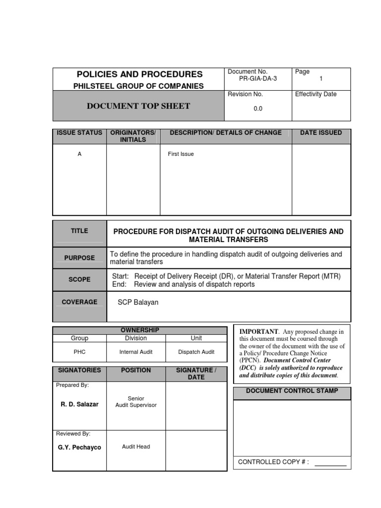 Dispatch Checking Procedure SCP v5 | PDF | Chief Operating Officer | Audit