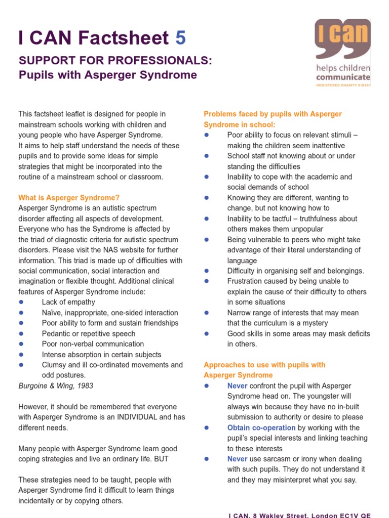 Fact-Sheet Pupils With Asperger Syndrome | PDF | Asperger Syndrome ...