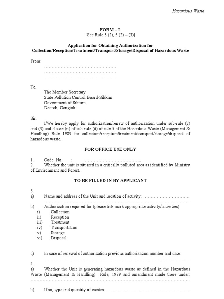 FORM-I Hazardous waste.doc | Hazardous Waste | Waste Management