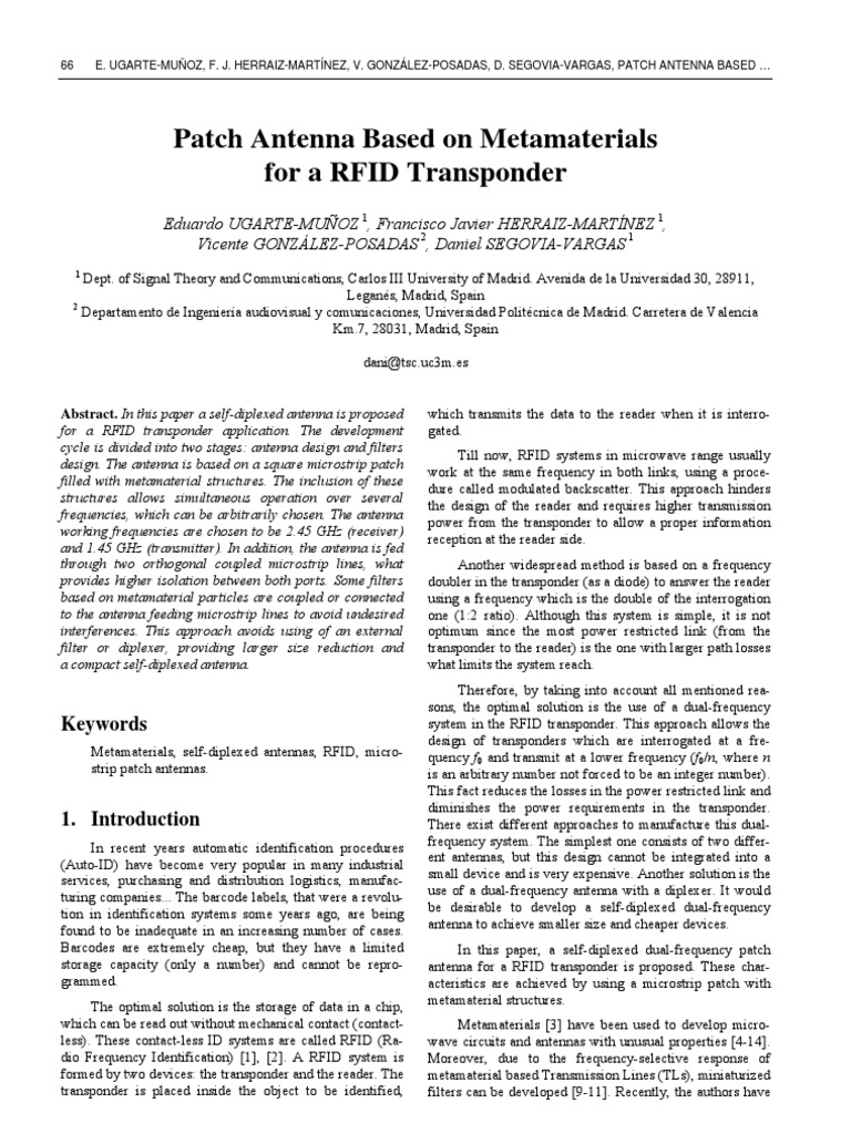 Patch Antenna Based On Metamaterials For A RFID Transponder | PDF