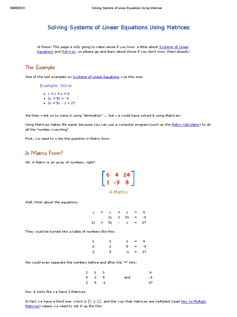 Solving Systems of Linear Equations Using Matrices | PDF | Matrix ...