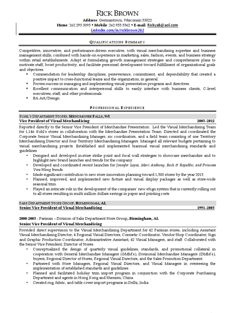 Visual Merchandising VP Director Worldwide Resume Rick Brown | PDF ...