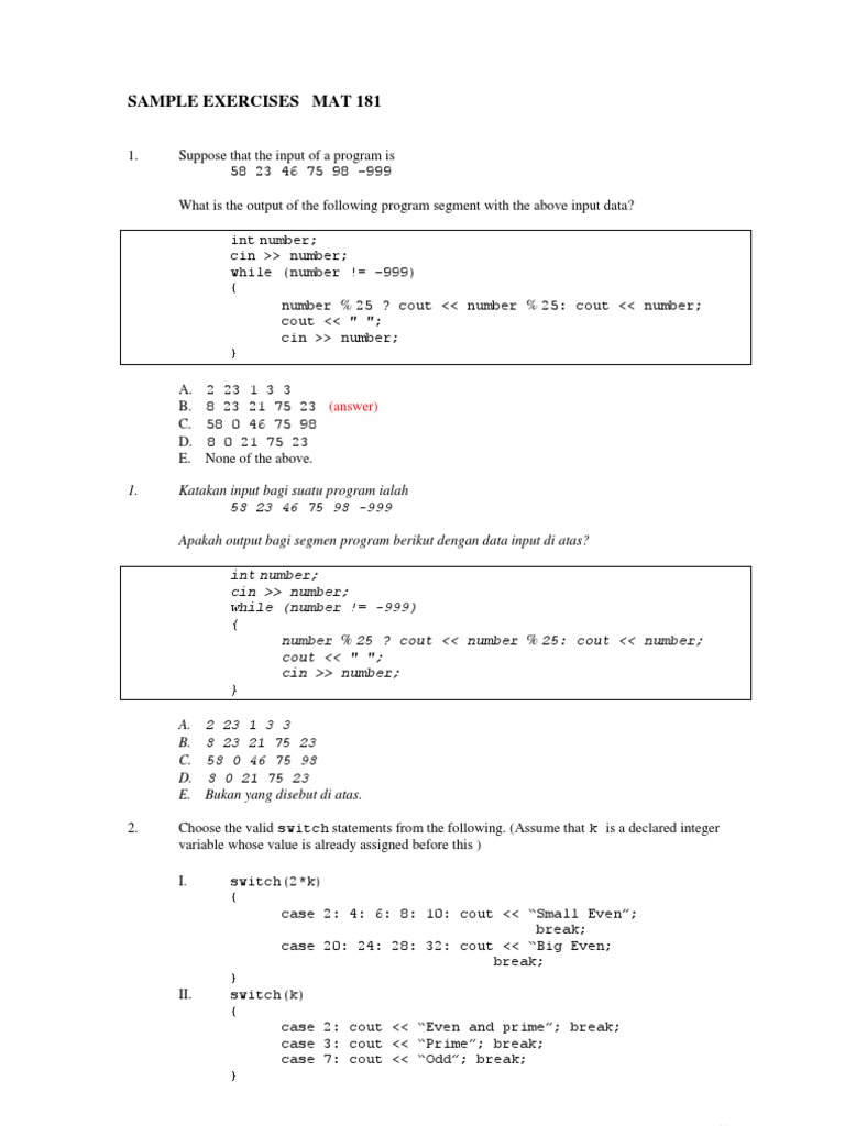 Sample Exercises Mat 181: (Answer) | PDF | Parameter (Computer ...