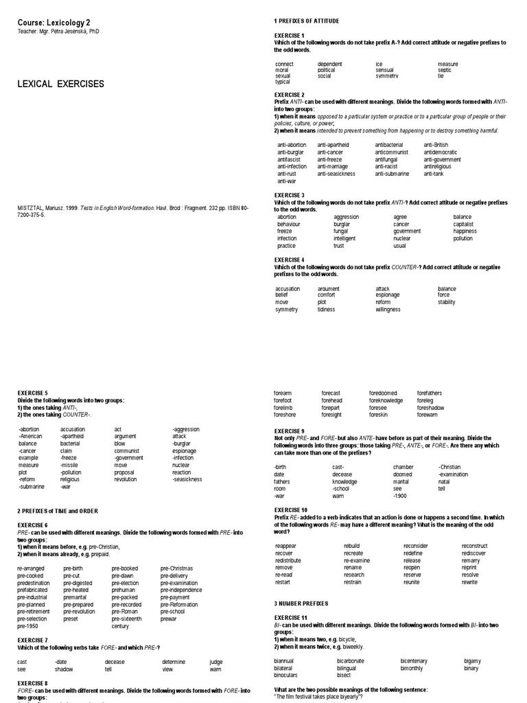 Lexicology Exercises - 1-50 | PDF | Adjective | Noun