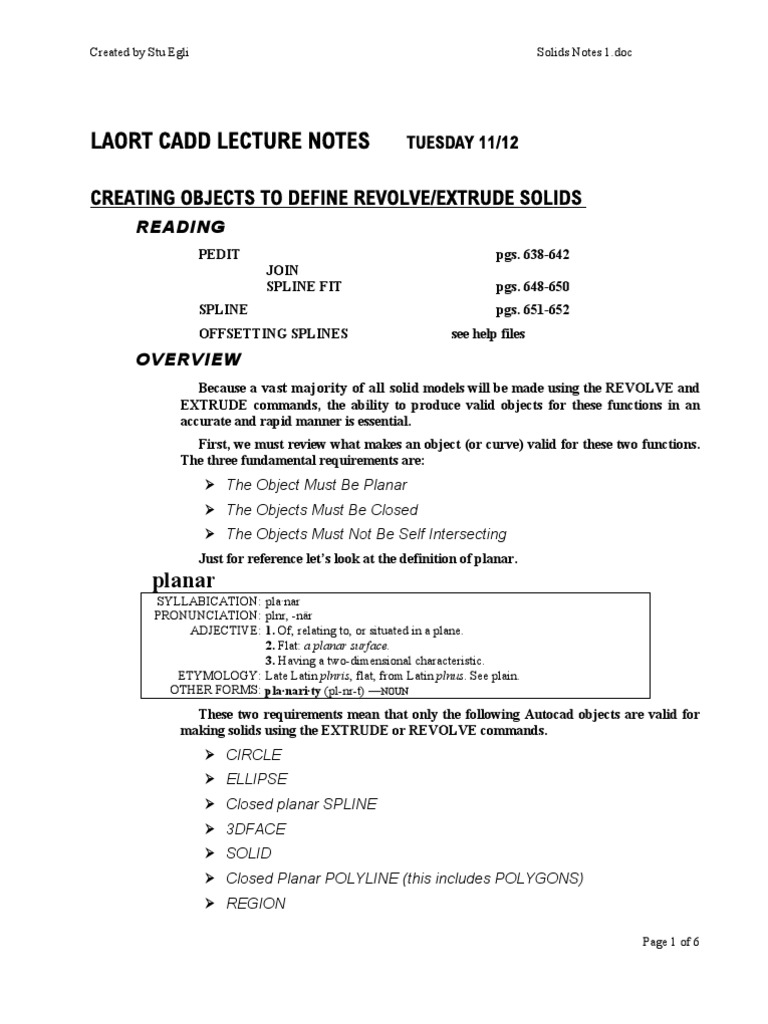 Laort Cadd Lecture Notes: Creating Objects To Define Revolve/Extrude ...