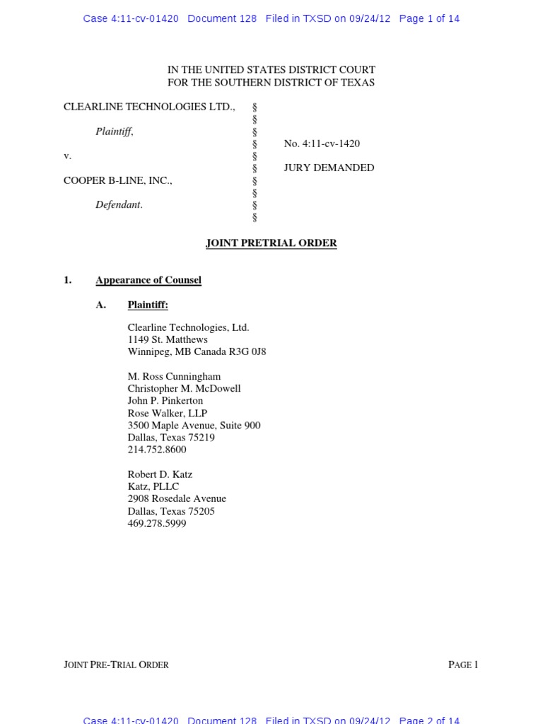 Clearline v. Cooper B-Line - Joint Pre-Trial Order | PDF | Deposition ...