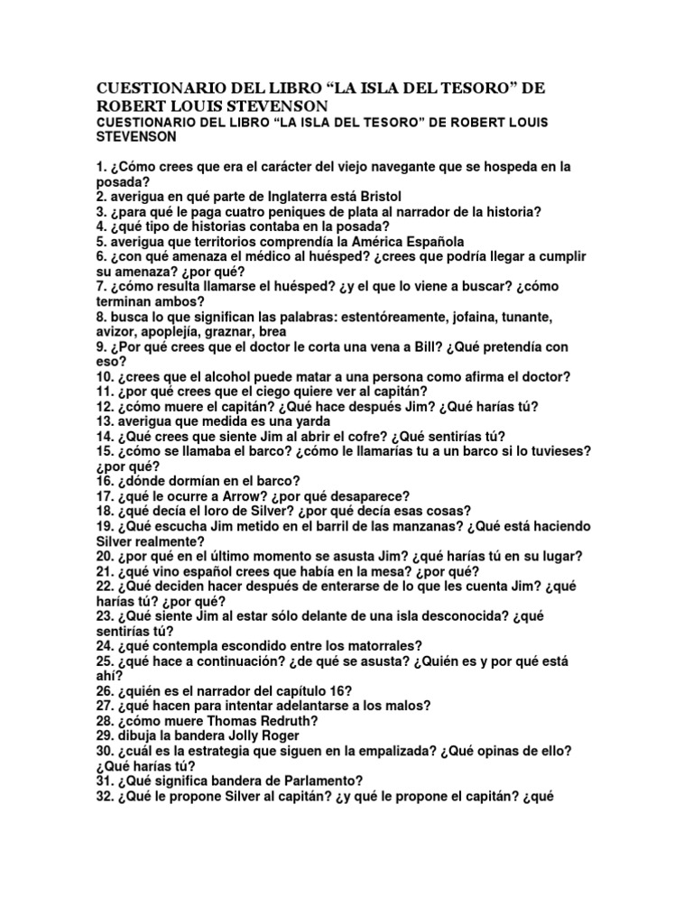 CUESTIONARIO DEL LIBRO La ISLA DEL TESORO | PDF | Isla del tesoro | Ocio