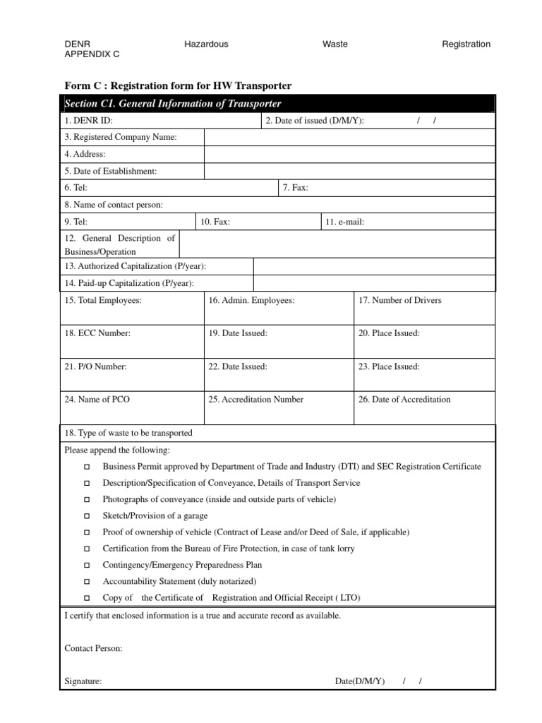 Hazardous Waste Transporter Registration Form | PDF