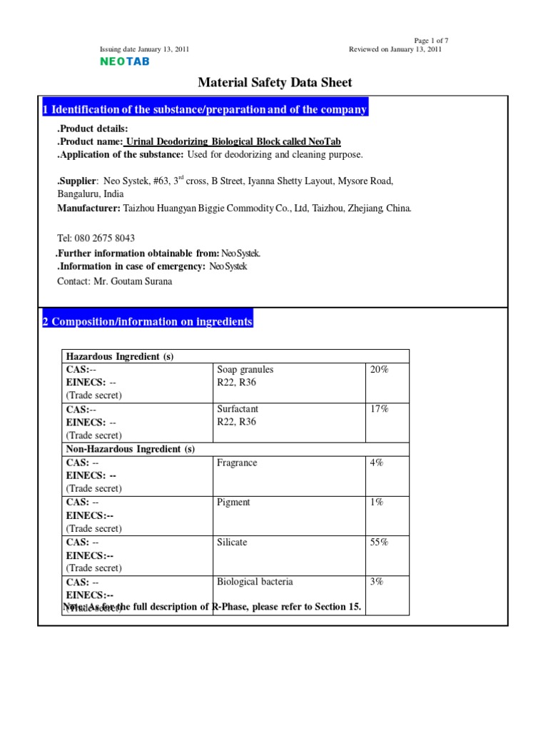MSDS - NeoTab | Download Free PDF | Dangerous Goods | Safety