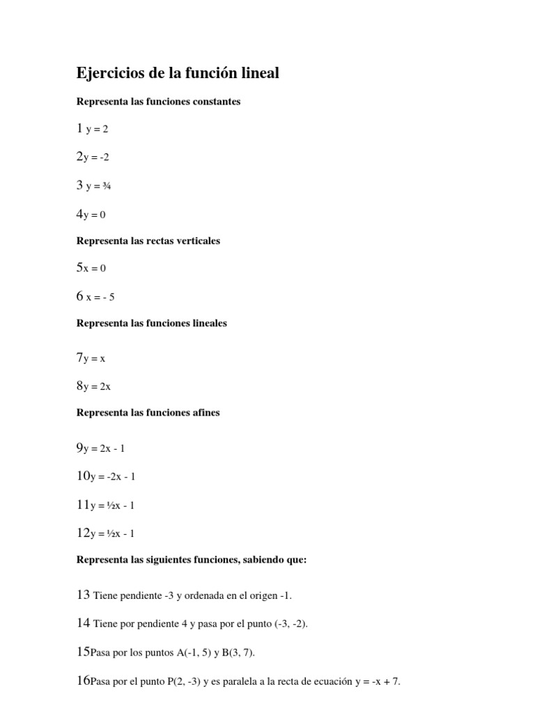 Ejercicios de La Funci N Lineal | PDF | Pendiente | Objetos matemáticos