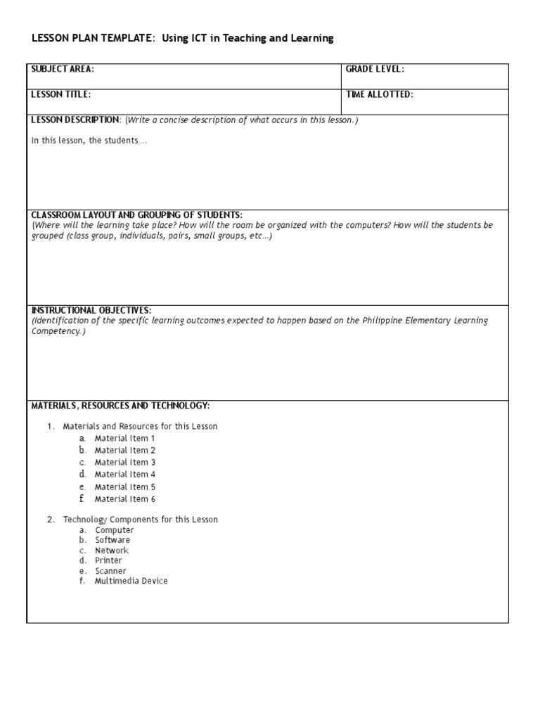 Lesson Plan Template Using ICT Modeling | PDF | Lesson Plan ...