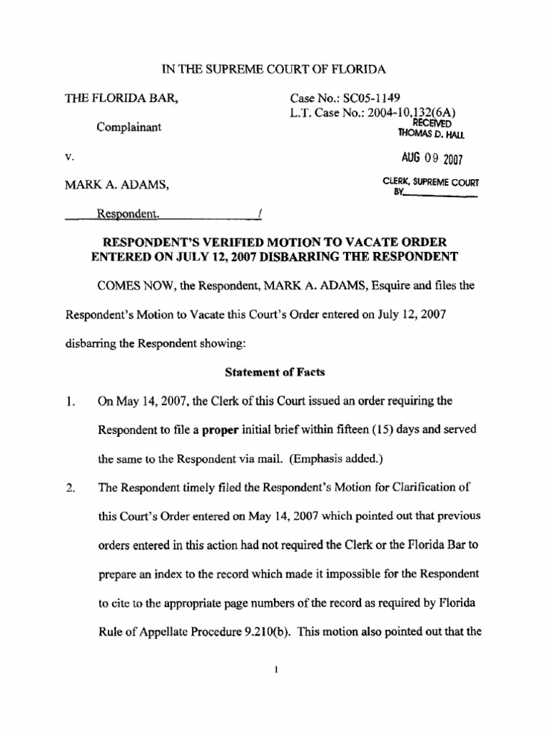 Motion To Vacate Order of Disbarment | PDF | Law Clerk | Judgment (Law)