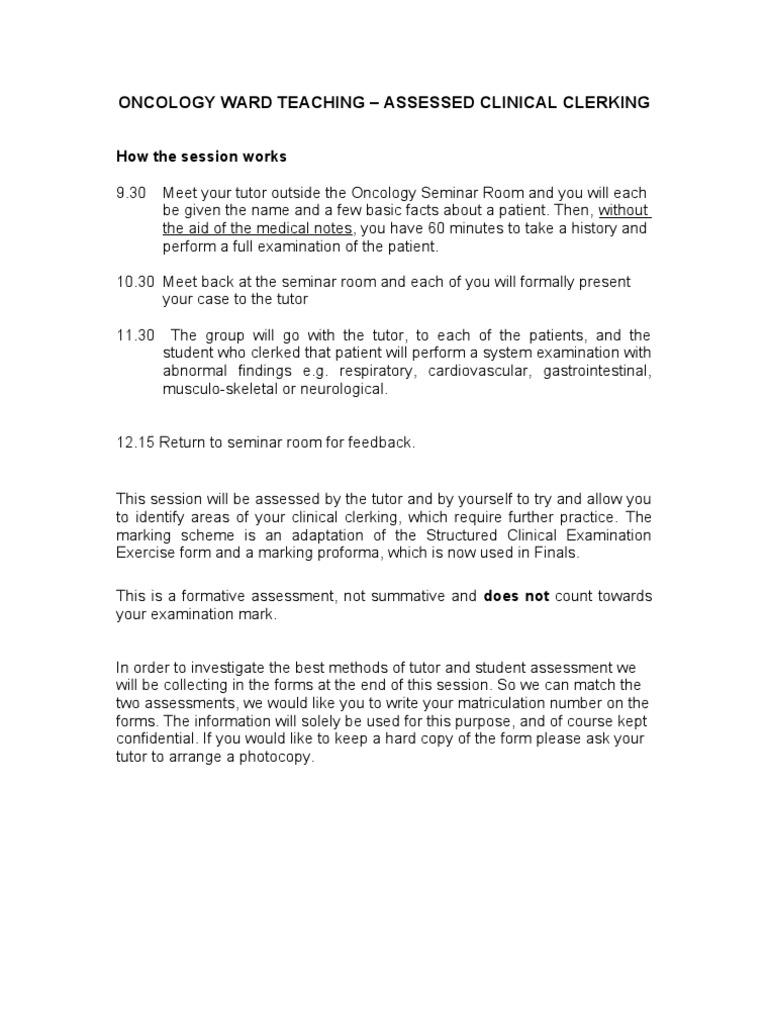 Oncology Ward Teaching - Assessed Clinical Clerking: How The Session ...