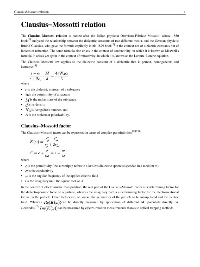 Clausius-Mossotti Relation | PDF | Permittivity | Dielectric Clausius-Mossotti Relation | PDF | Permittivity | Dielectric