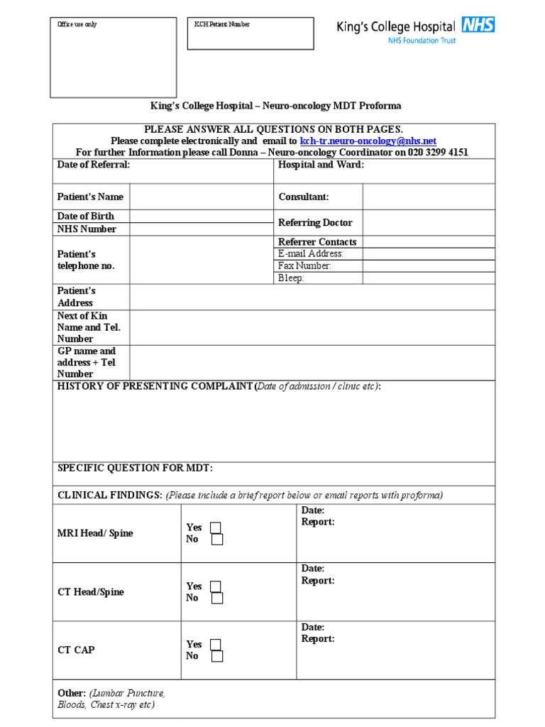 King's College Hospital Neuro-Oncology Multidisciplinary Team Proforma ...