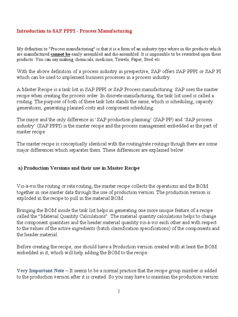 Introduction To SAP PPPI - Process Manufacturing: Very Important Note | PDF