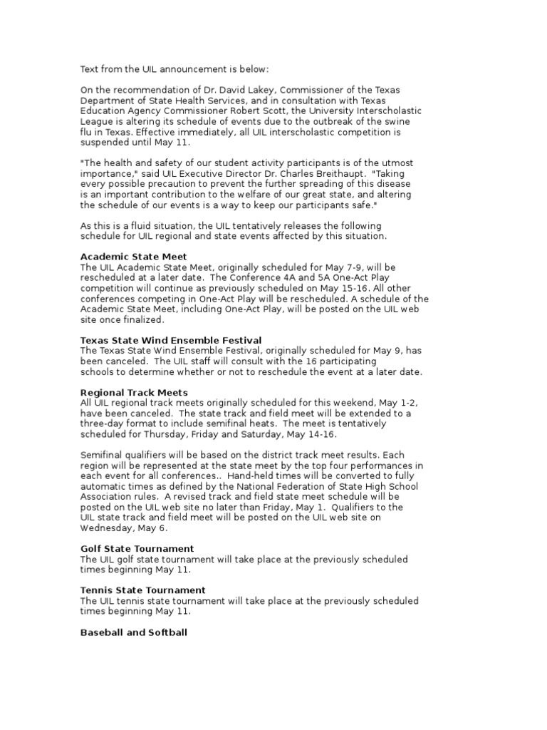 UIL Letter To Texas Schools | PDF | Tournament | Sports