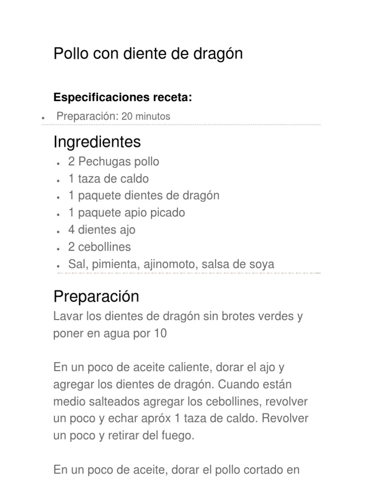 Pollo Con Diente de Dragón | PDF | Cocina europea | Comida regional y ...