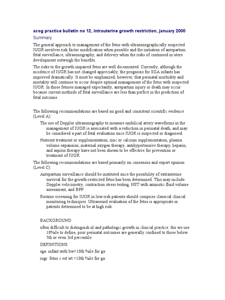 Acog Practice Bulletin No 12, Intrauterine Growth Restriction, January ...