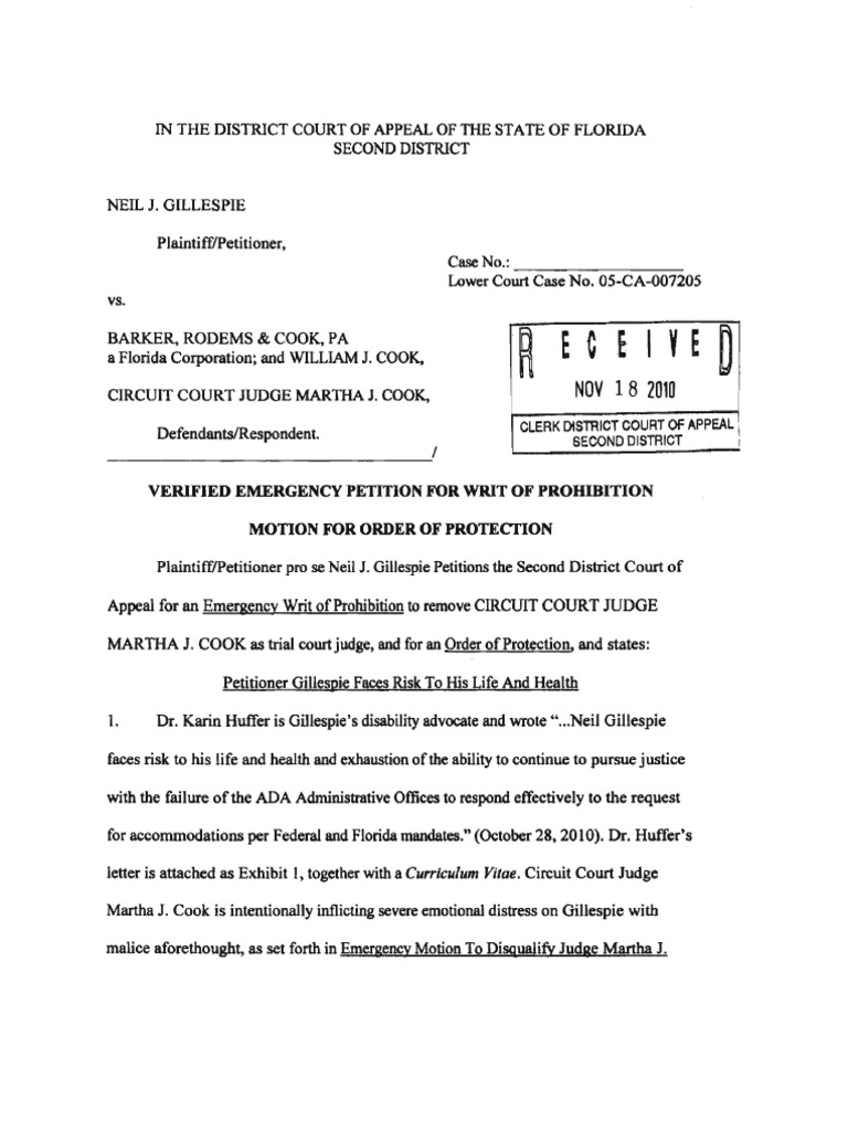 Petition 2D10-5529, Writ of Prohibition, Order of Protection, Judge Martha Cook, 763p | PDF ...