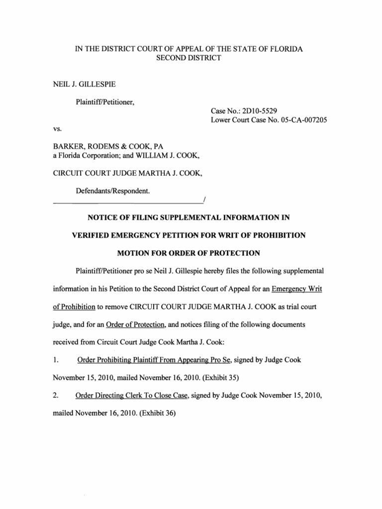2D10-5529, Notice of Filing Supplemental Information, Judge Martha Cook ...